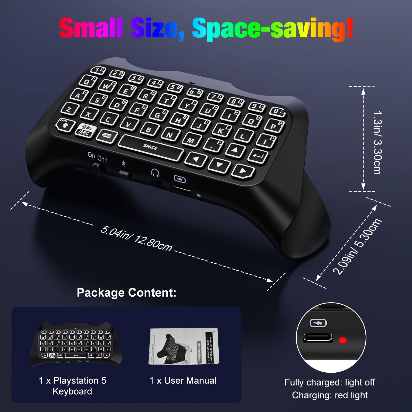 MoKo Keyboard for PS5 Controller with Green Backlight, Bluetooth Wireless Mini Keypad Chatpad for PlayStation 5, Built-in Speaker & 3.5mm Audio Jack for PS5 Controller Accessories, Gray
