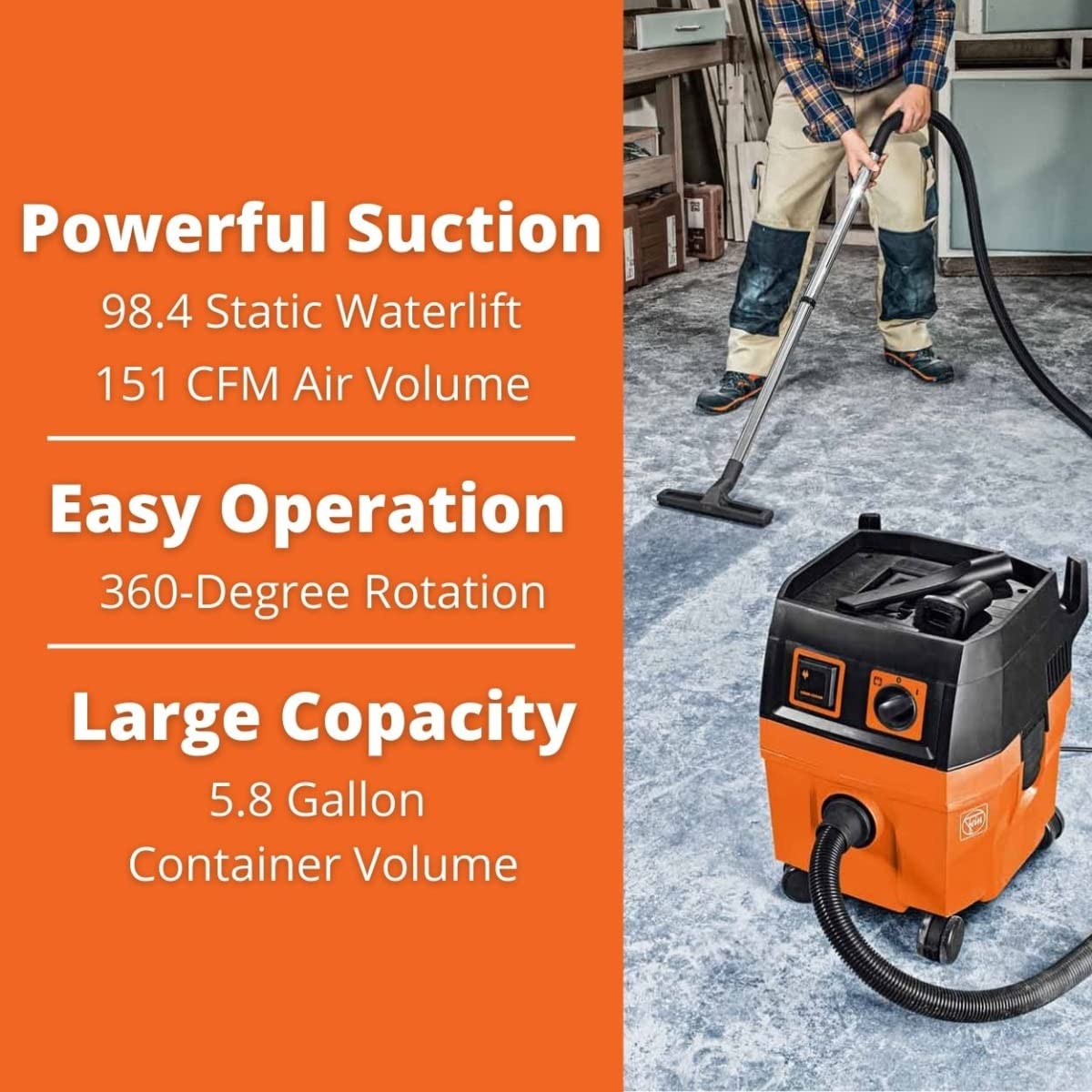 Fein Turbo I Wet/Dry Dust Extractor - 5.8-Gallon Capacity, 151 CFM Suction, Anti-Static System, Quiet 66 dB Operation - Includes Hose and Filter - 92035236090