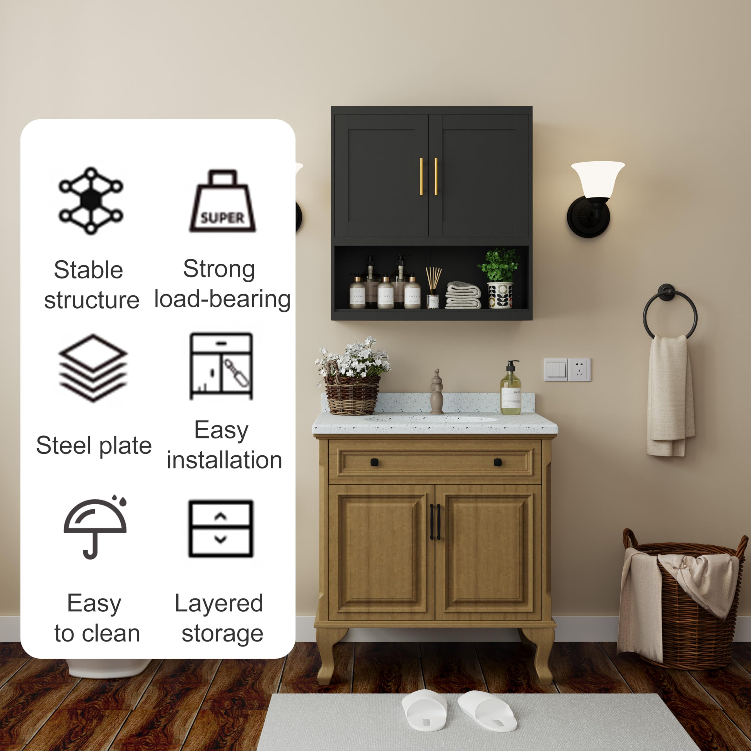 erosoei Metal Bathroom Cabinet Wall Mounted,Hanging Cabinet with 2Door and Adjustable Shelves,Over The Toilet Storage Medicine Cabinets for Bathroom,Laundry Room,Kitchen