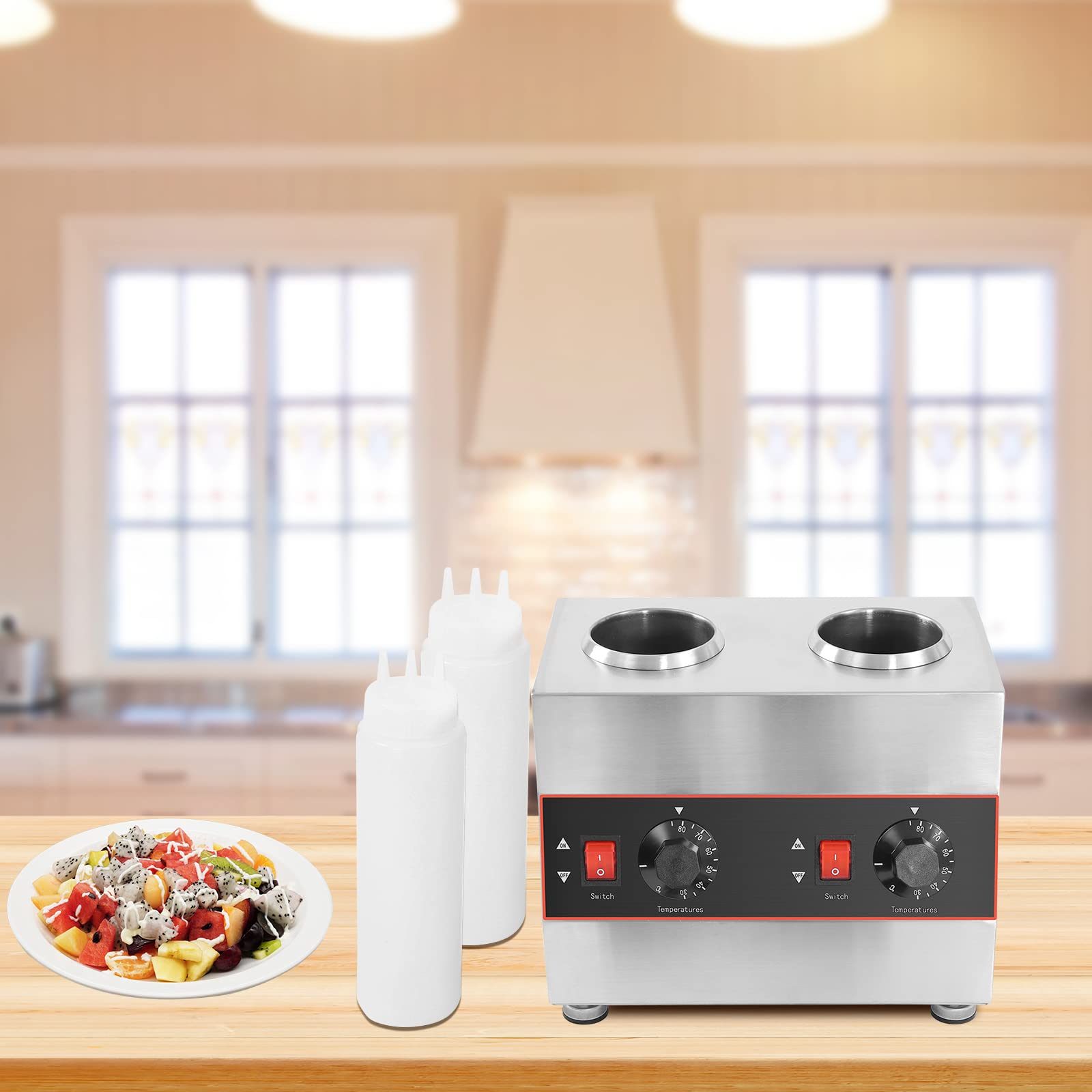 CRYBY 320W Electric Sauce Warmer, Chocolate Sauce Warmer Cheese Sauce Dispenser Warmer with 2 Squeeze Bottles, Hot Fudge Warmer Dispenser Jam Heat Preservation Machine, Single Bottle Capacity 0.14Gal