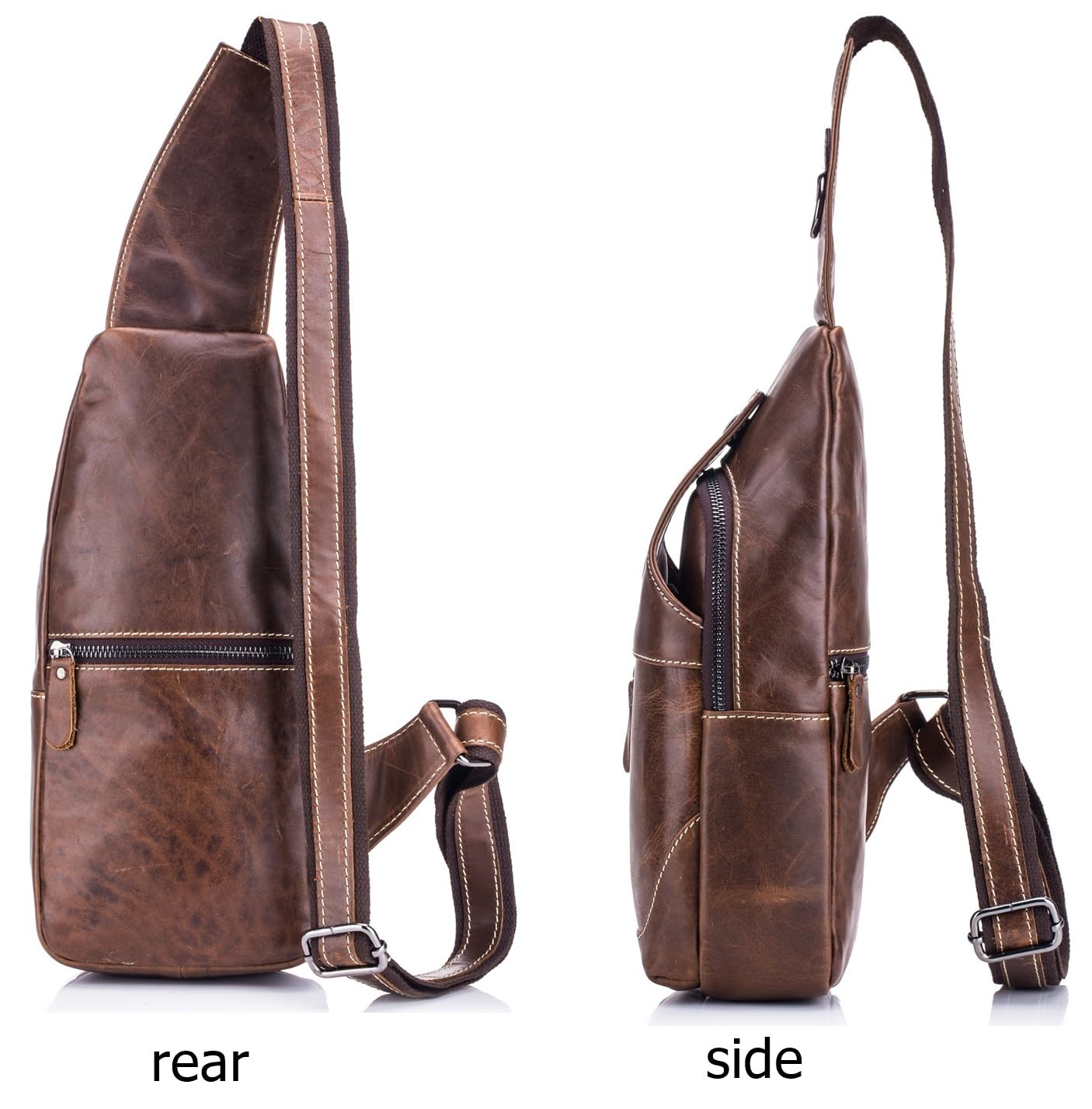 BULLCAPTAIN Leather Men's Sling Backpack Multi-pocket Crossbody Chest Bags Travel Casual Backpack with Earphone Hole (Black)