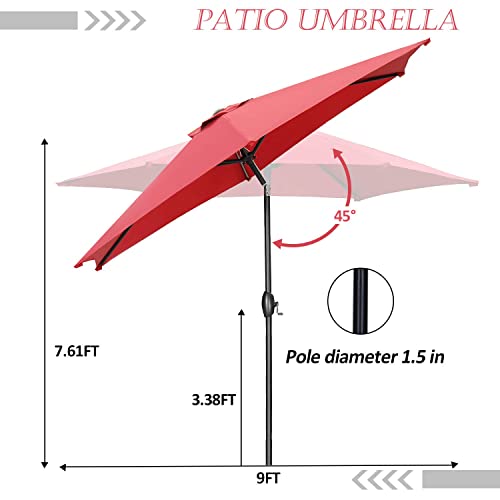 HYD-Parts 9FT Patio Umbrella Outdoor Table Umbrella,Market Umbrella with Push Button Tilt and Crank for Garden, Lawn, Deck, Backyard & Pool (Red)