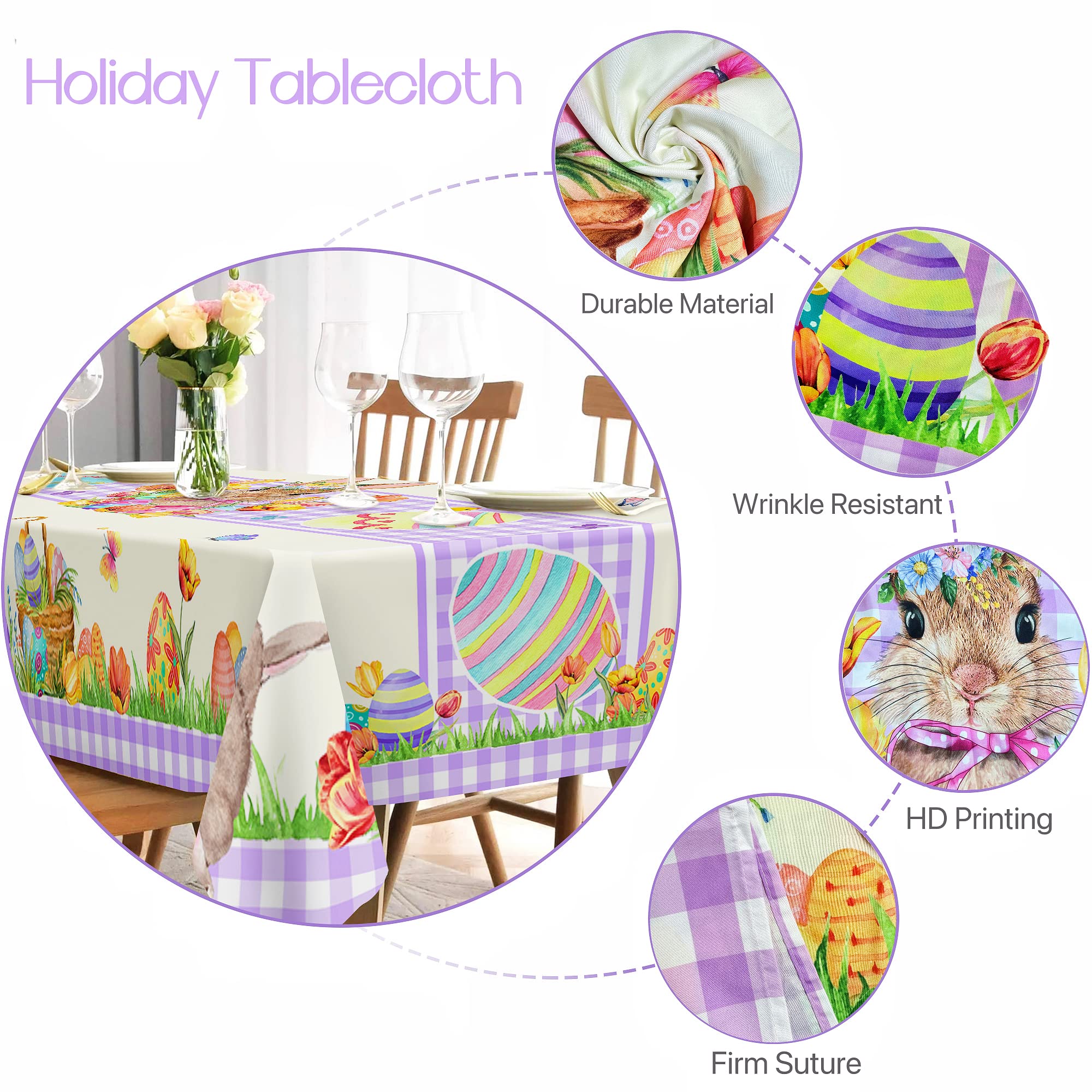 Easter Tablecloth, Easter Table Cloth Rectangle 60 x 84, Easter Tablecloths with Bunny Eggs Tulips Flowers Holiday Spring Washable Table Cover for Dining Room Kitchen Table Picnic Indoor Outdoor
