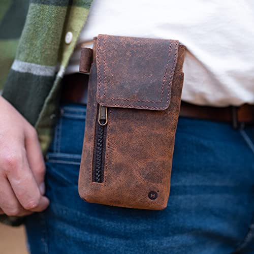 Leather Phone Holster – Genuine Full-Grain Buffalo Leather Cell Phone Holsters – 7” H x 3.5" W Leather Cell Phone Holster for Large Smartphones – Secure & Durable Phone Belt Holder by MOONSTER®