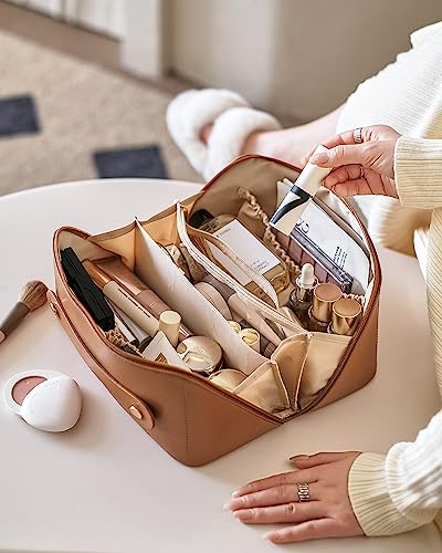 EACHY Travel Makeup Bag,Large Capacity Cosmetic Bags for Women,Waterproof Portable Pouch Open Flat Toiletry Bag Make up Organizer with Divider and Handle (Large-Brown, Large)