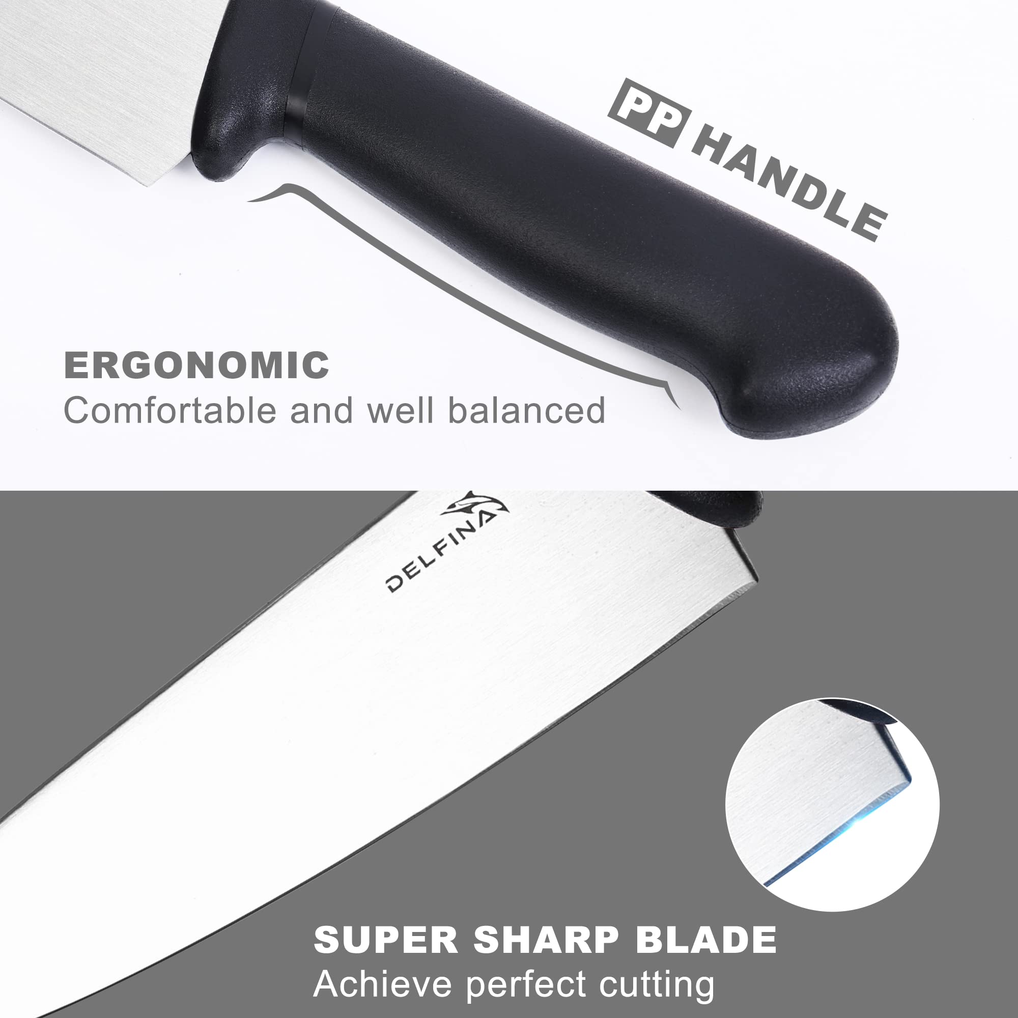 DELFINA Chef Knife, 8 Inch Kitchen Knife with Sheath, Professional High Carbon Stainless Steel Sharp Cooking Knife with Ergonomic Handle,Well Balanced & Easy to Clean (Black Handle)