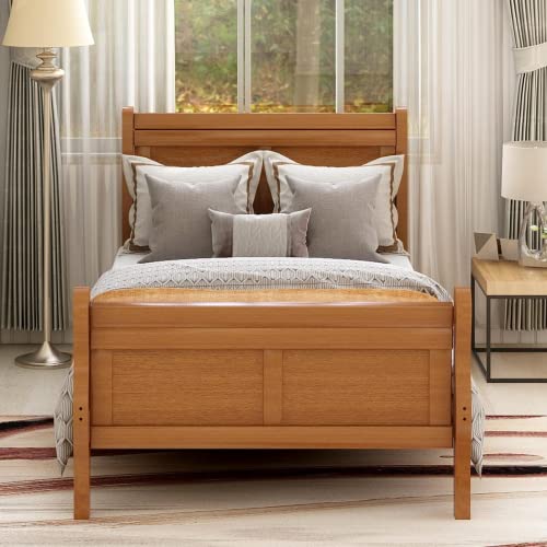 Harper & Bright Designs Wood Platform Bed Twin Bed Frame Mattress Foundation Sleigh Bed with Headboard/Footboard/Wood Slat Support - Oak