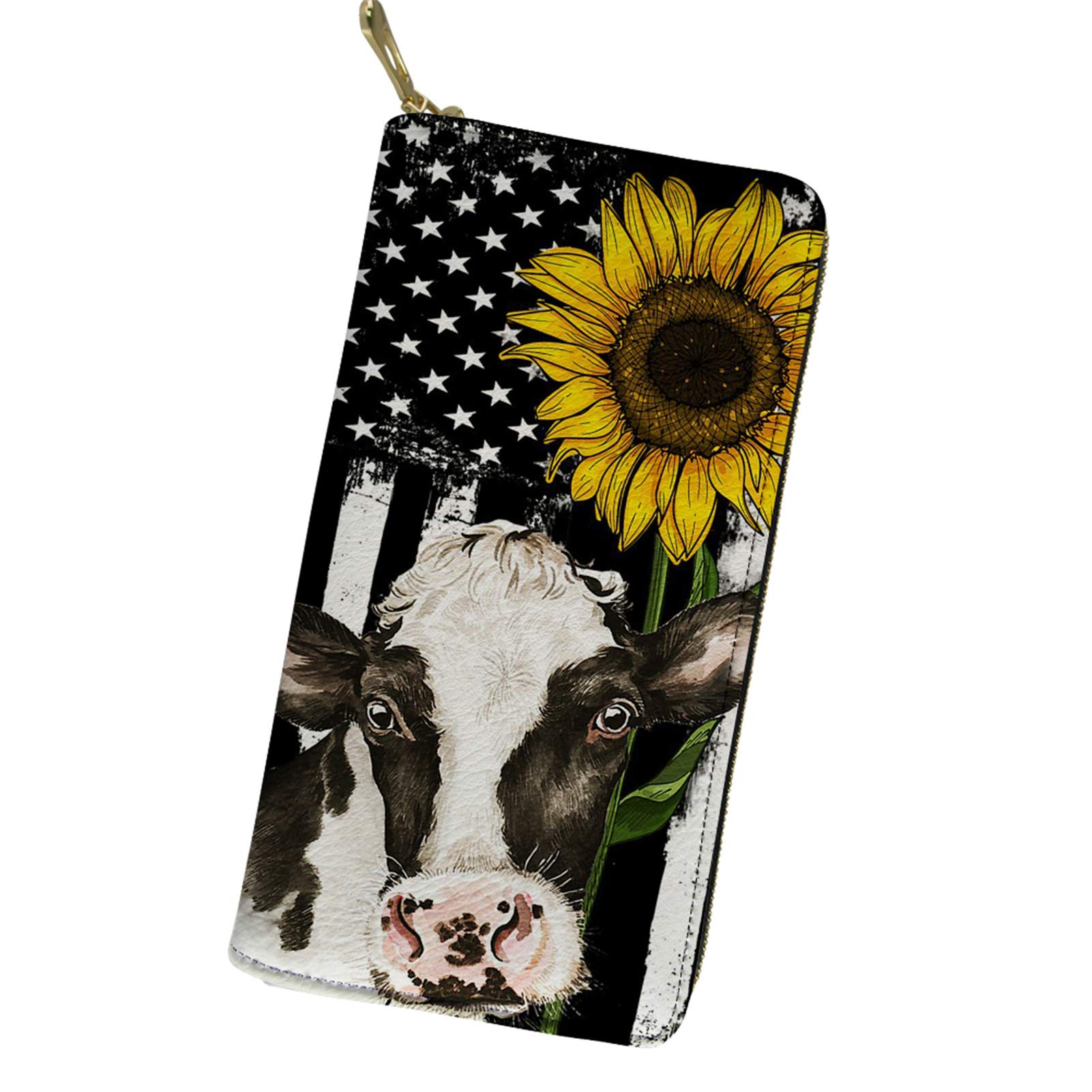 QIZHAOLAN Women Teen Girls Purse Zipper Leather Clutch Wallet Stylish Sunflower Cow Moneybag for Travel Daily Shopping Beach Gifts