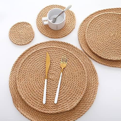 Homtoozhii Woven Placemats 14 inch Round Braided Placemat for Dining Table Heat Resistant Anti-Slid Jute Mats Table Mat for Dish Plate Pot Teapot