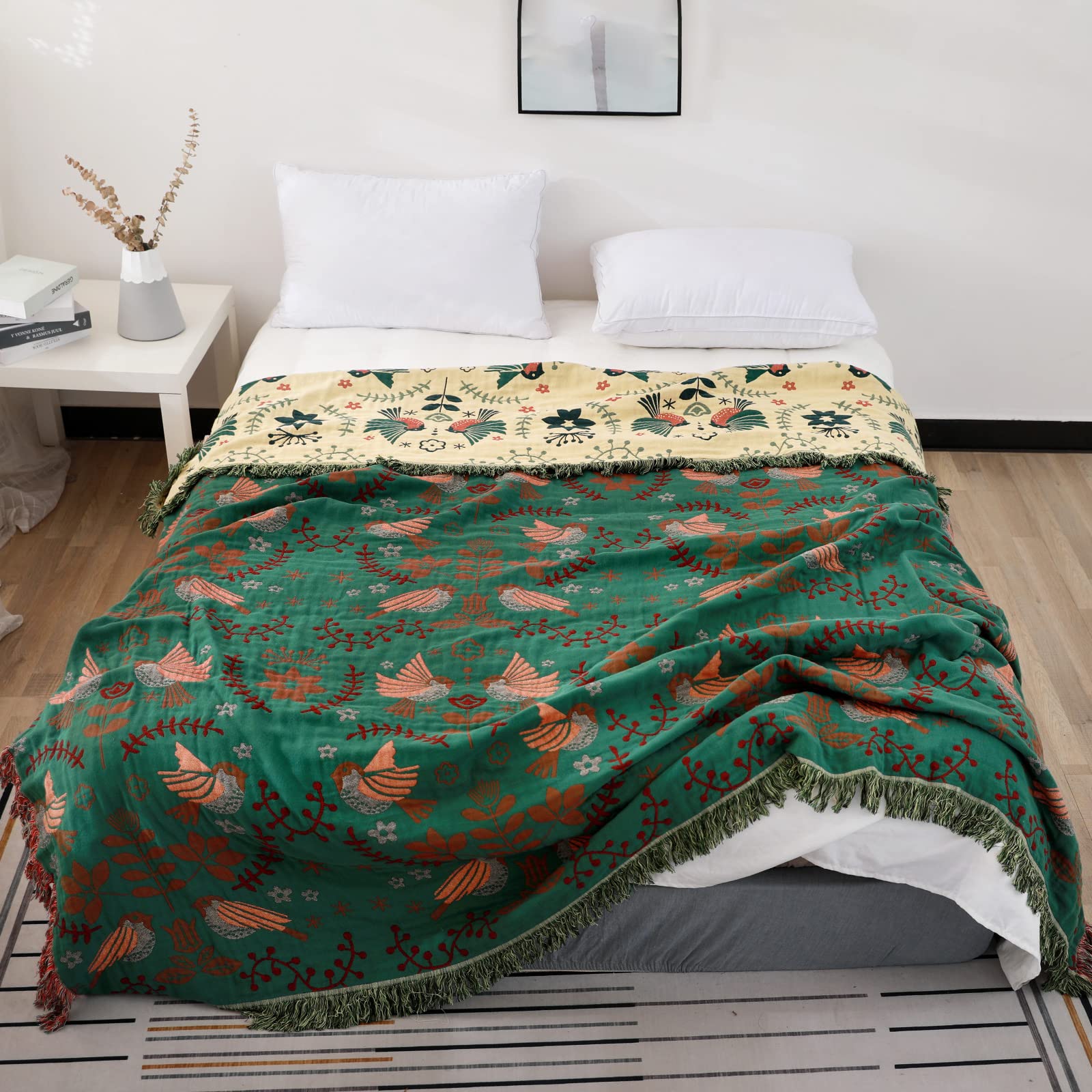 Bohemian Throw Blanket, MODUSKYE Green Bird Blankets 78 * 90 INCH Cozy Throw Blanket for Bed Chair Couch Sofa Decor