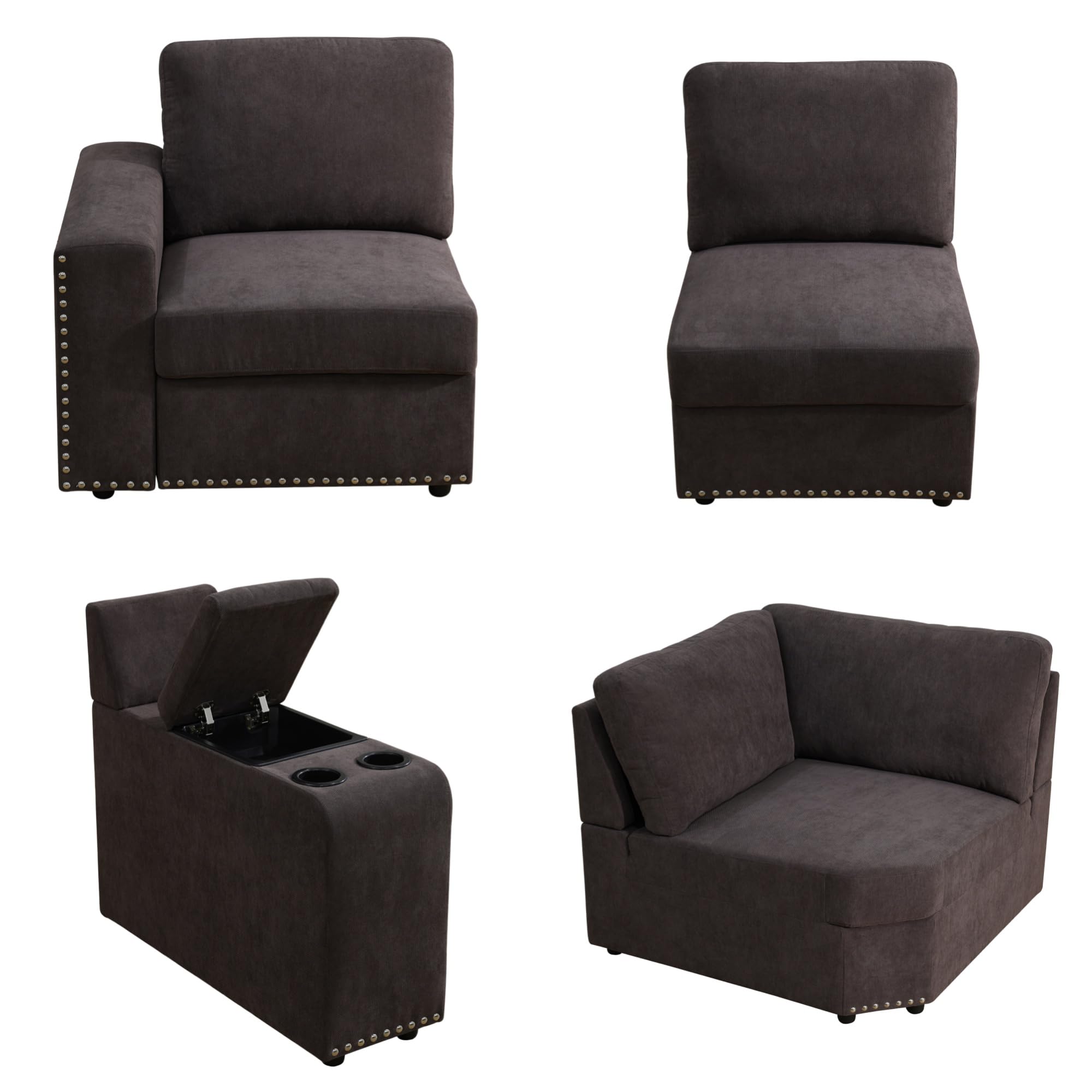 GlasFlength Sectional Sofa Couches for Living Room with Ottoman, Nail-Head Design Linen Right Facing U-Shaped Modern Couches with Cup Holder, Bedroom, Office