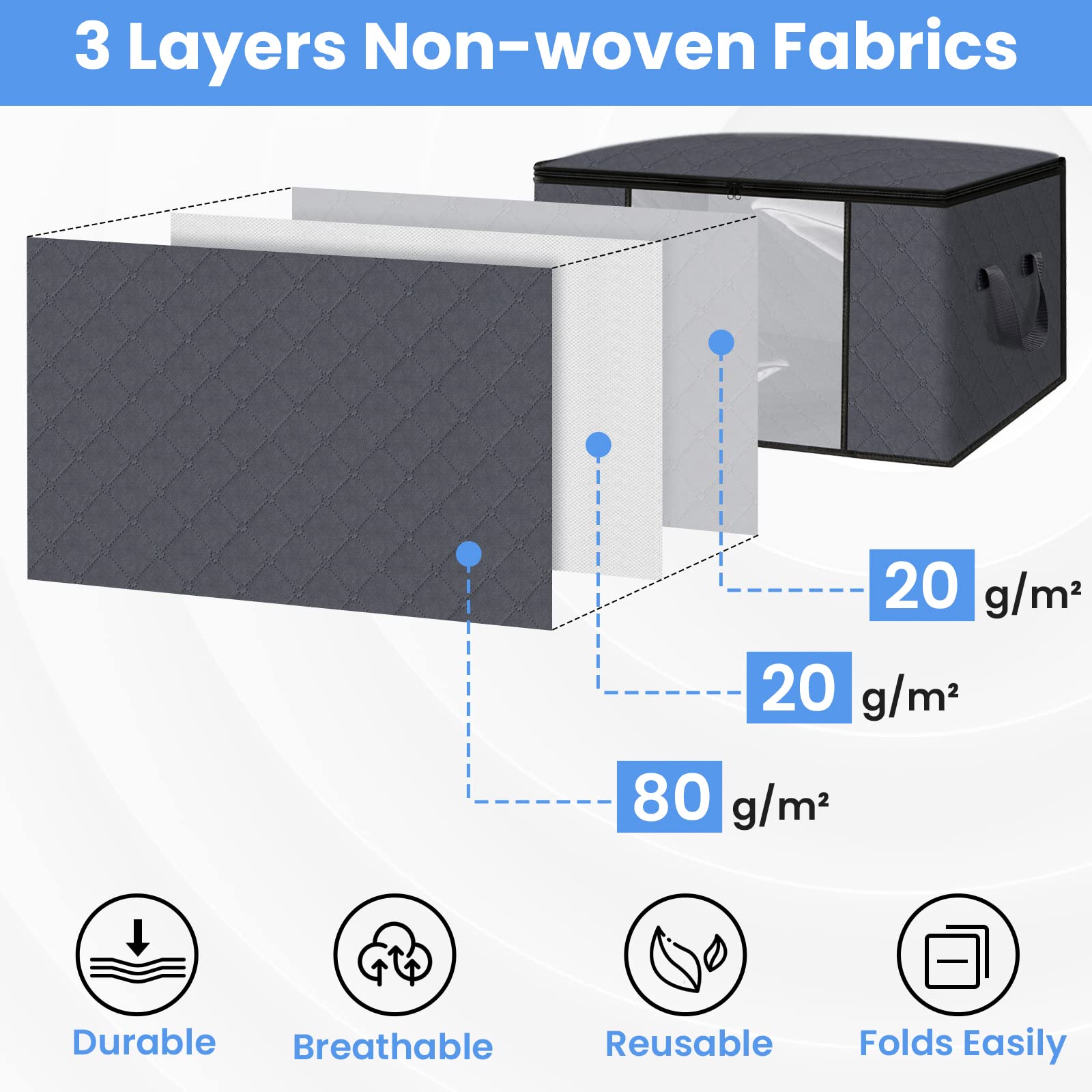 HomeHacks 3-Pack Clothes Storage,Foldable Blanket Storage Bags,Storage Containers for Organizing, Clothing, Bedroom, Comforter, Closet, Dorm, Sweater, Quilts, Organizer, Grey