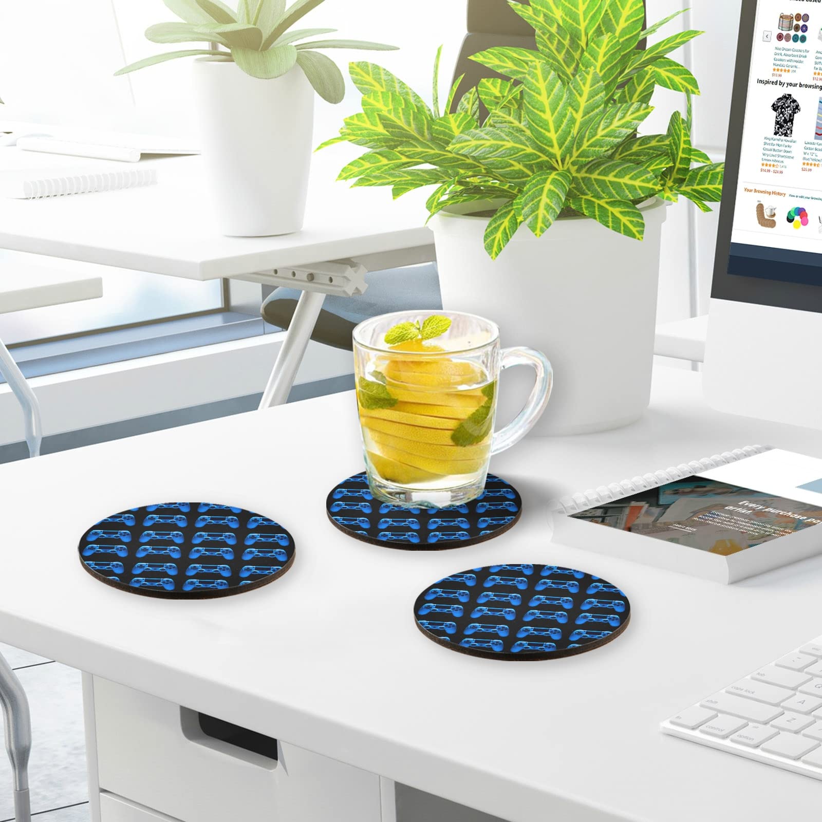 Video Game Joystick Gamepad in Blue Neon Lights Isolated on Black 4 Pcs Tea Wooden Round Coaster Set, Non-Slip Lightweight Wooden Coaster for Party Home Office Kitchen Bar Coffee Table
