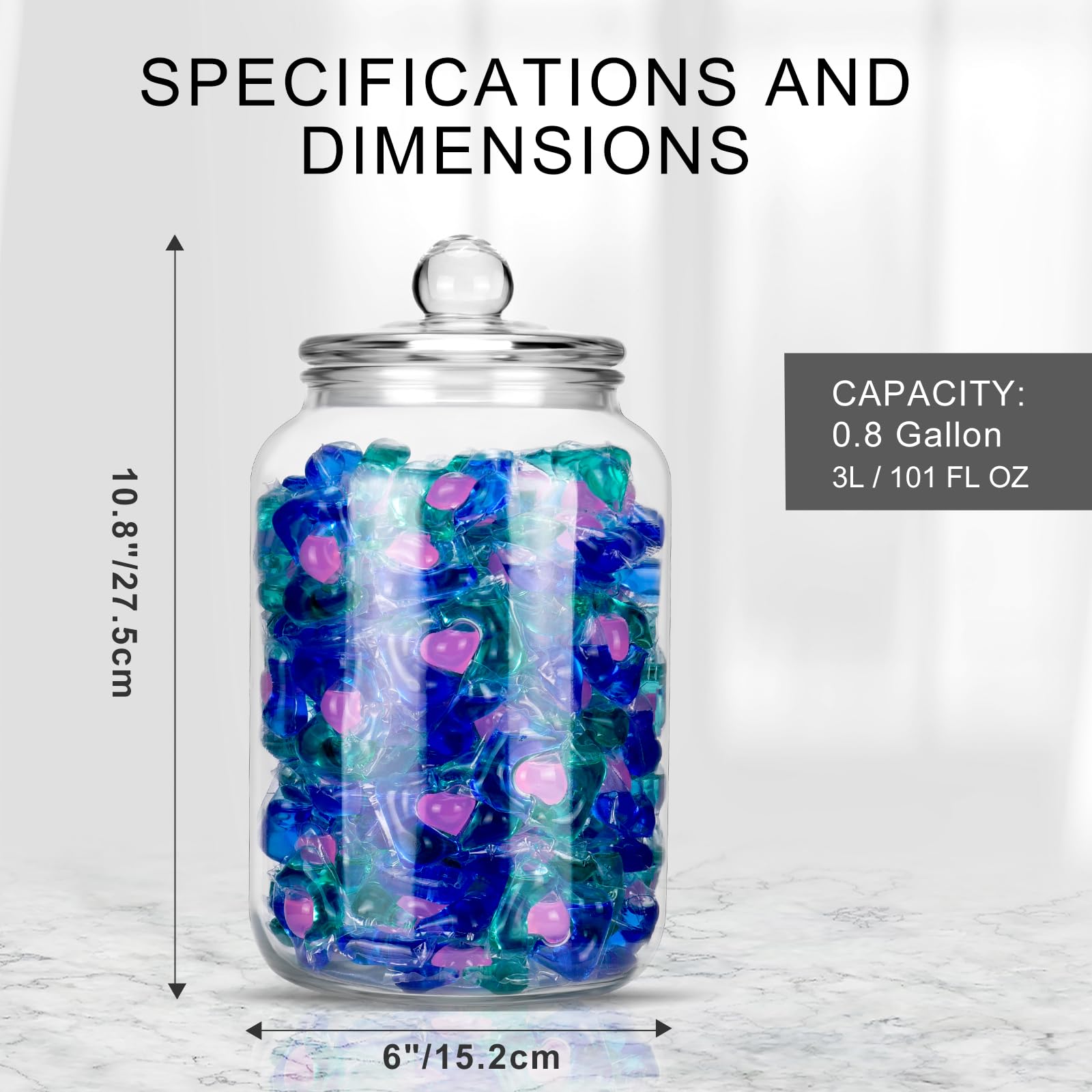 Glass Jars for Laundry Room Organization - 2 Pack, 0.8 Gallon Glass Containers with Lids, Perfect for Dryer Sheets, Laundry Pods, Scent Boosters, and more - Convenient Laundry Room Storage Solution