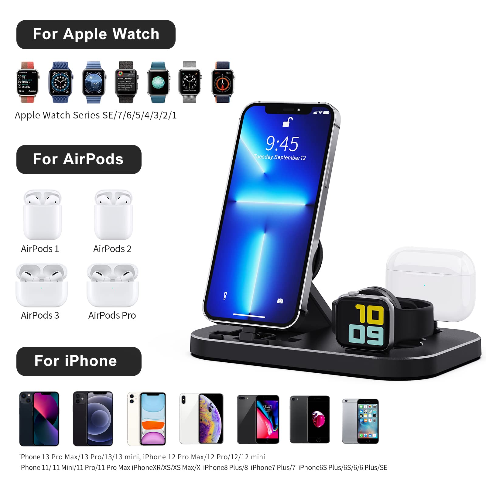 Charging Station for Multiple Devices Apple, 3 in 1 Charging Dock for iPhone/AirPods Series, Portable Charging Stand for iWatch Series 8/Ultra/7/6/5/4/3/2/1/SE(with 15W Adapter and Cable) Black