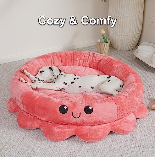 Jiupety Cute Octopus Dog Bed with Smiling Face, Soft Round Dog Bed with Removable Cushion, Cartoon Style and Smiling Face, Luxury, Soft, Comfy, Cozy, Fit Small to Large Dogs (Red)