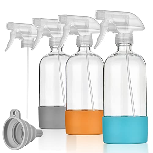Homyfux Empty Clear Glass Spray Bottles with Silicone Sleeve Protection - Refillable 17oz Containers for Cleaning Solutions, Essential Oils, Misting Plants - Quality Sprayer - 3 Pack