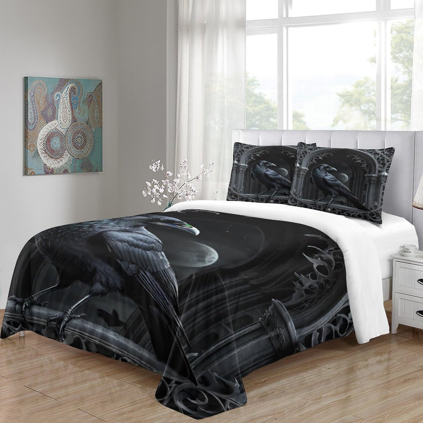 EVMILA Gothic Crow Quilt Cover Comforter Covers 3D Print Dark Castle for Teens and Adults Duvet Cover with Pillow Cases Bedding Set with Zipper Closure Soft Microfiber 3 Pieces Queen（228x228cm）
