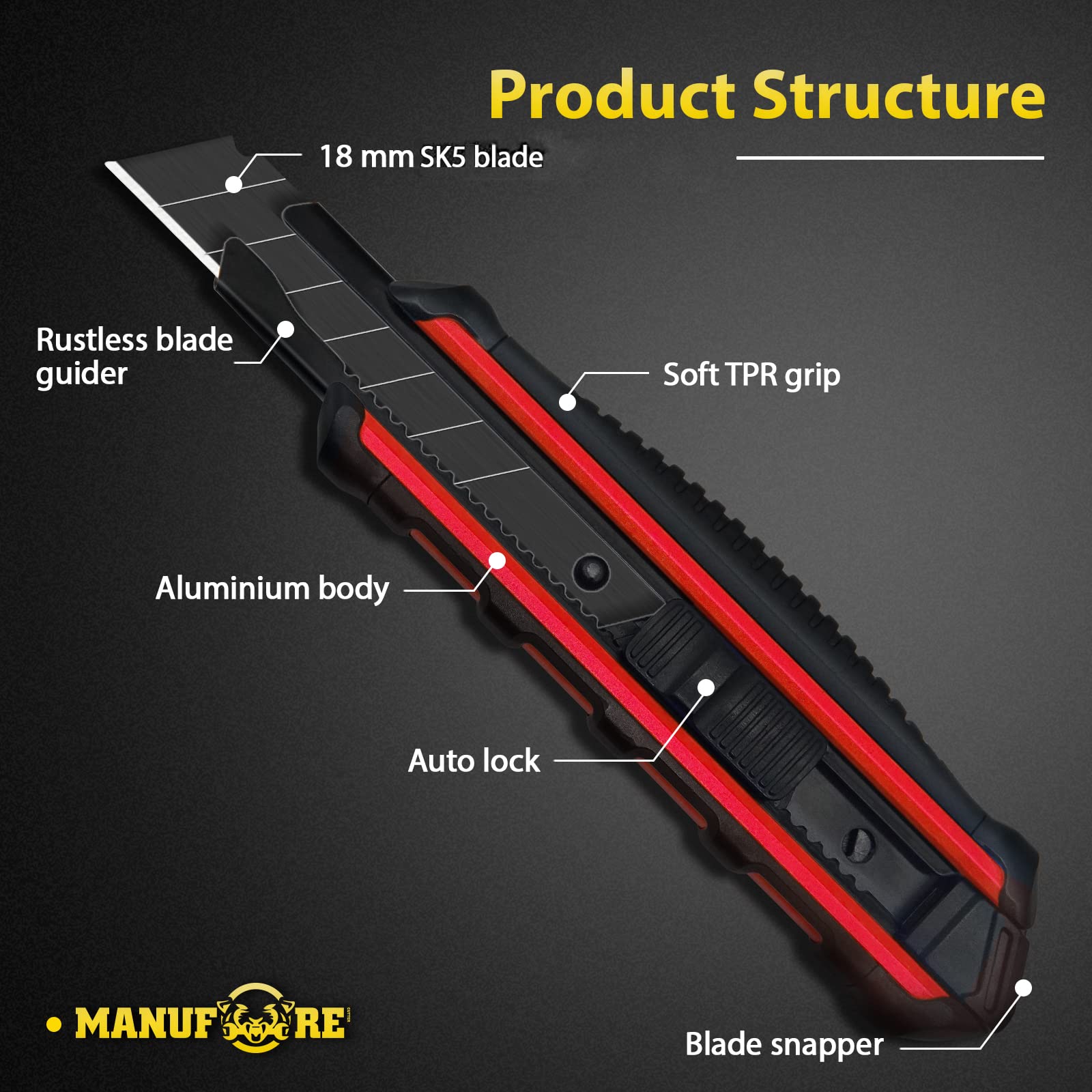 MANUFORE 18mm Utility Knife Heavy Duty Aluminum Alloy Snap-off knife with 10pcs Spare SK5 Steel Ultra Sharp Black Blade for Cutting Paper, Carpet, Cardboard Blue