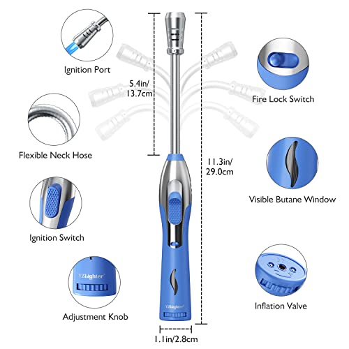 Butane Lighter Torch Long Lighter Refillable Jet Flame Windproof Lighter with Visual Fuel Window Flexible Lighter for Fireplace Grill BBQ Camping Kitchen, Blue (No Butane Included)