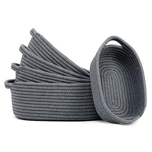 Yonowm Cotton Rope Basket Set of 5, Small Woven Basket for Storage, Rectangle Cute Basket for Gifts, Decorative Baskets for Home Decor, Nursery Storage, Bathroom Organization (Grey)
