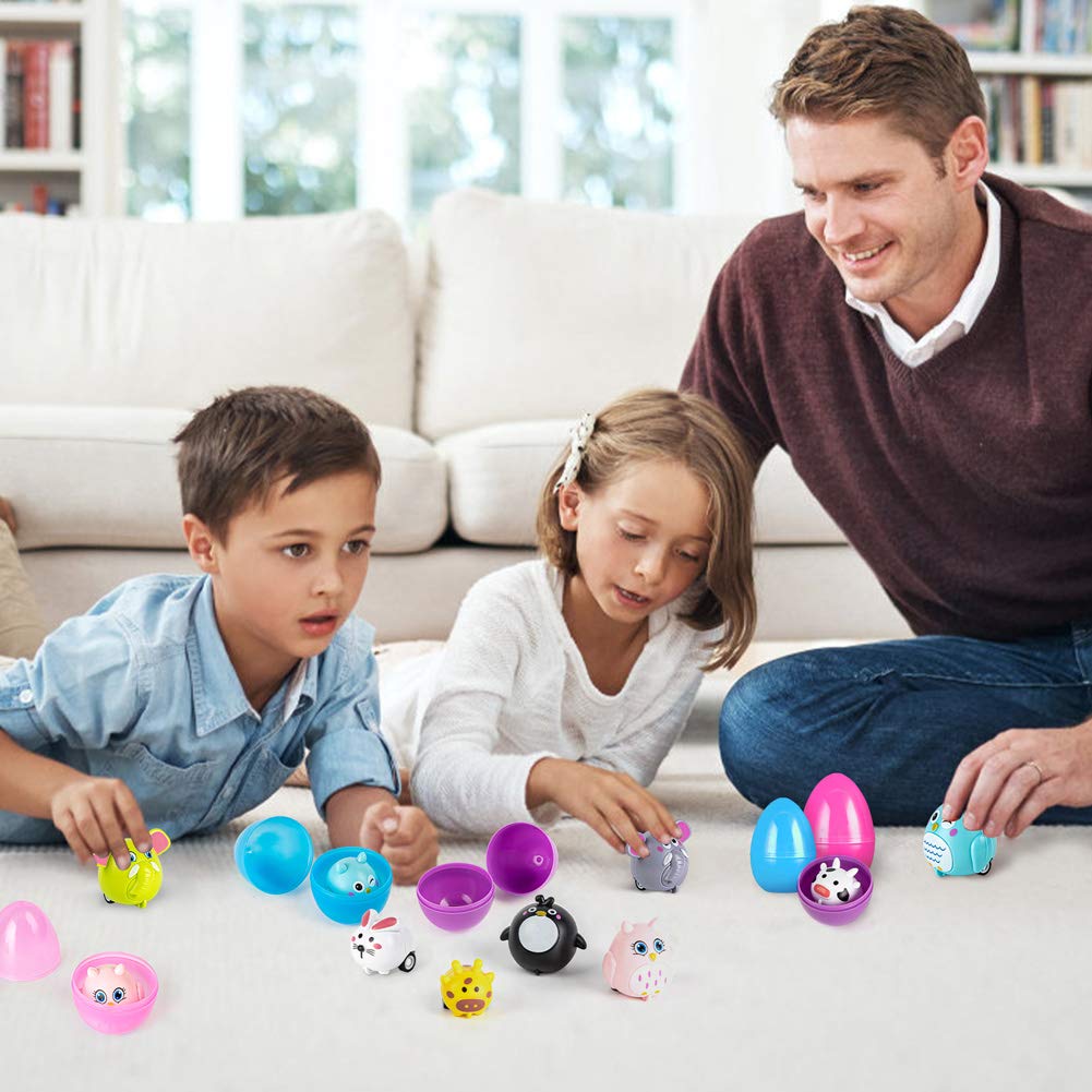 LovesTown 12 PCS Easter Eggs with Toys Inside, Easter Stuffed Eggs with Animal Pullback Toy Cars Surprise Eggs Easter Theme Party Favor for Easter Eggs Hunt Game Easter Basket Stuffer