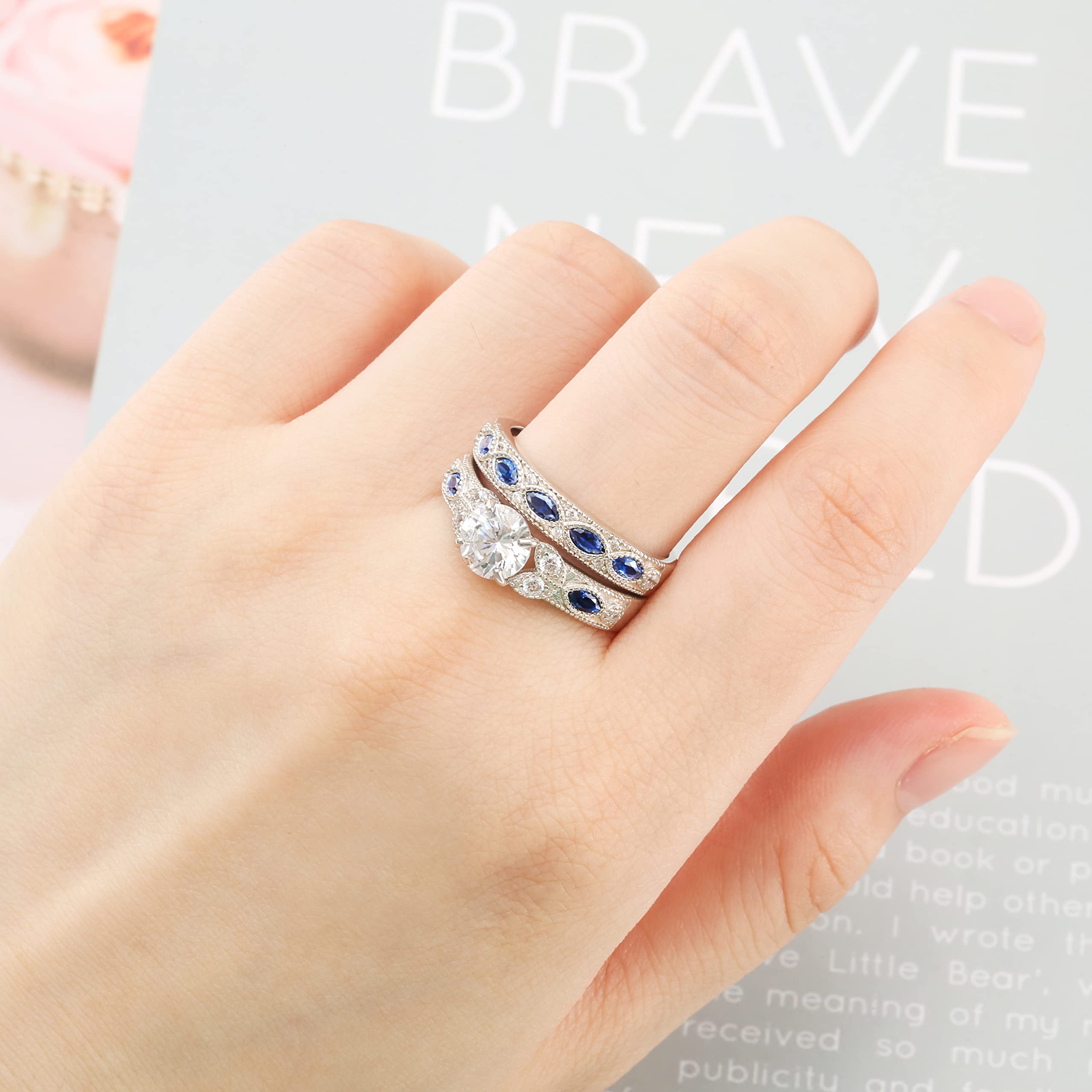 BONLAVIE 3.5ct Round Cut Cubic Zirconia Ring Wedding Ring Set Created Blue Sapphire Women's Bridal Rings Sets 925 Sterling Silver Ring Rhodium Plated Blue Engagement Ring Size 9