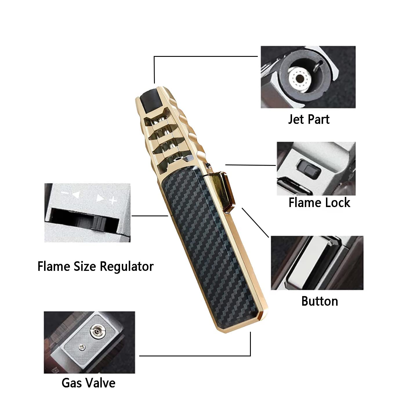 Butane Torch Lighter - Windproof Lighter, Refillable Adjustable Jet Flame Solar Beam Torch for Kitchen Candle Camping BBQ, Men Gift (Not Gas),1 PCS (Golden Black)
