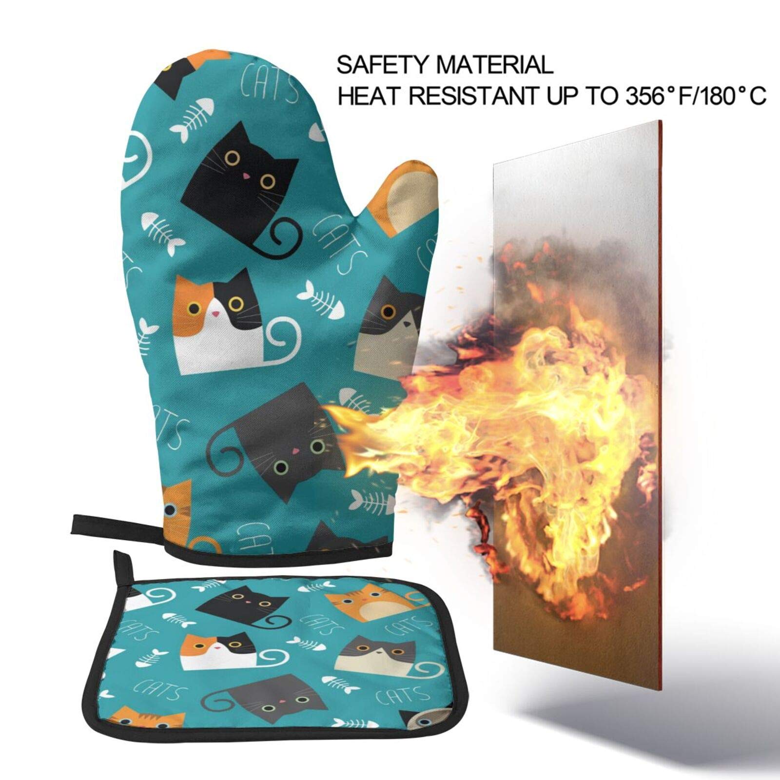 Cats Fishbone Oven Mitts and Pot Holders Set, Heat Resistant Kitchen Gloves with Inner Cotton Layer for Cooking Baking Grilling