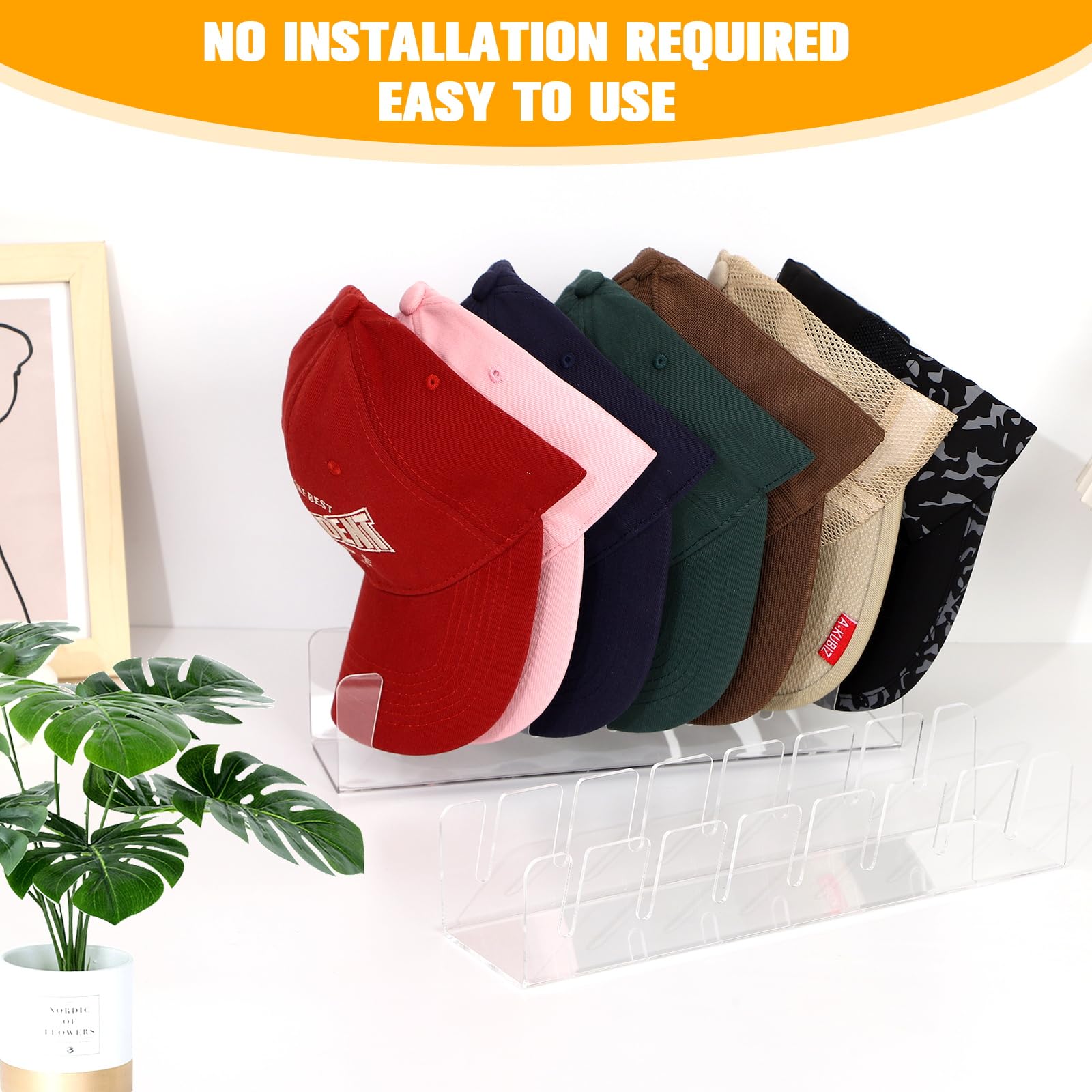 Dimber 4-Pack Hat Stand for Baseball Caps Display and Organizer, No Install Acrylic Hat Holder for 28 Baseball Caps , Hat organizer for bedroom(Clear)