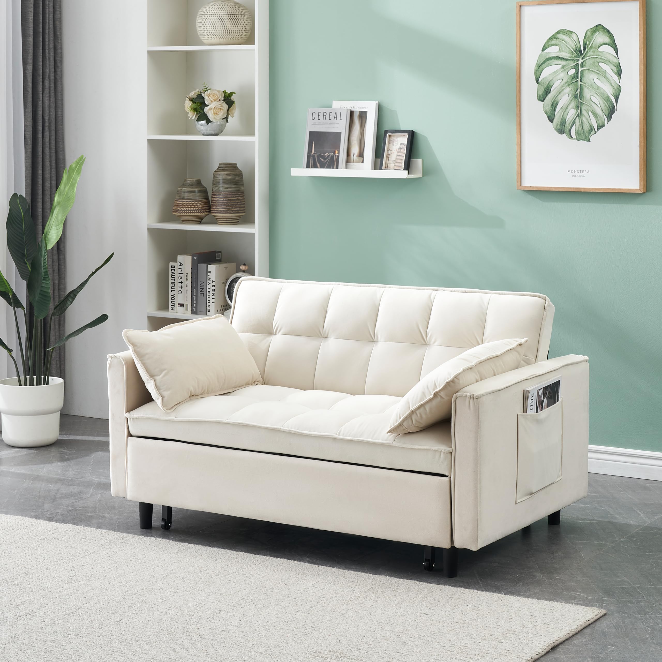 ERYE 3 in 1 Convertible Sleeper Sofabed,Modern Corduroy Upholstered Loveseat Sofa&Couch with Pull Out Sleep Couch Bed, Side Storage Pockets and 2 Pillows for Home,Office,Apartment,RV Living Room