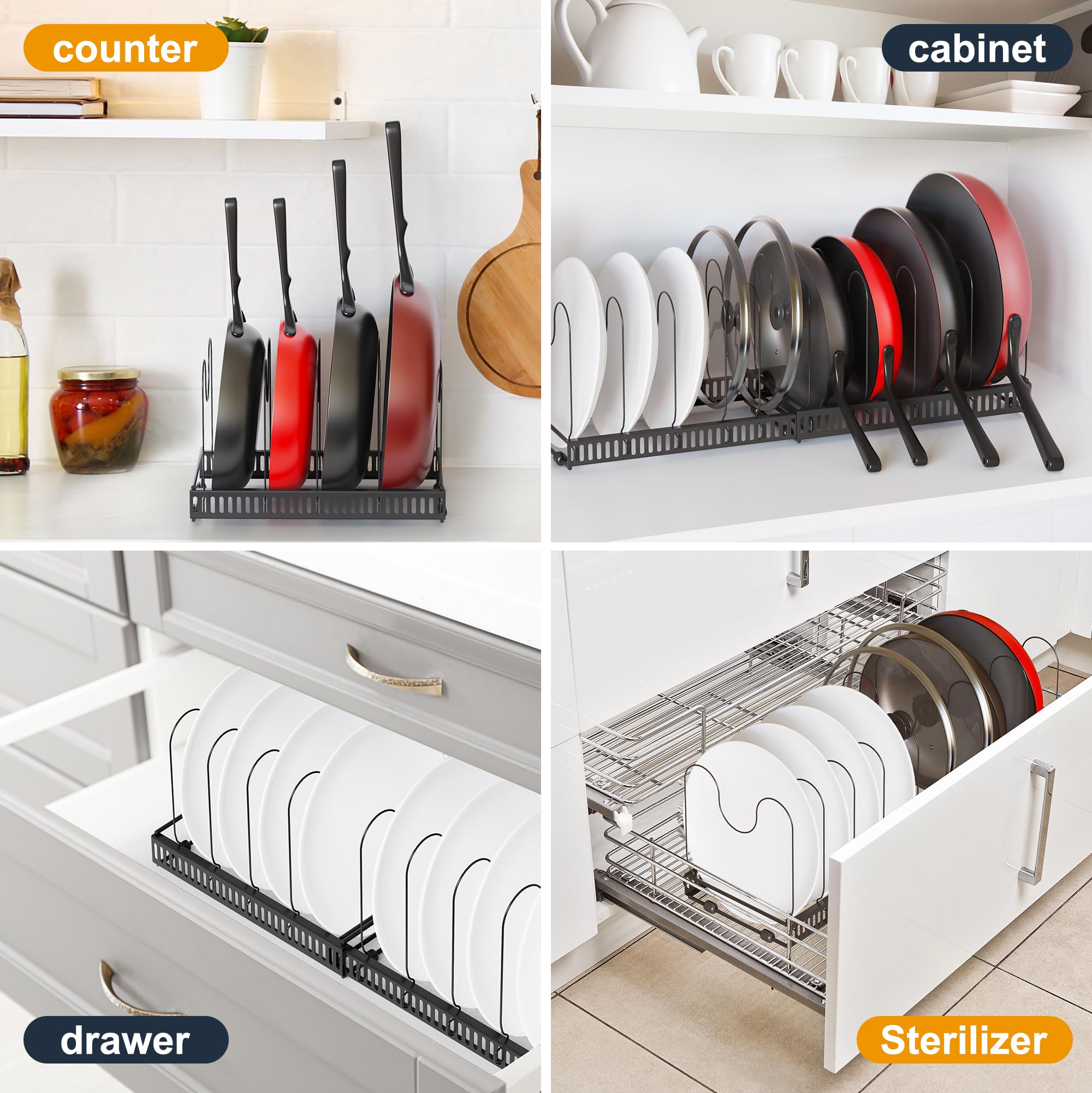 Bellsal Expandable Pots and Pans Organizer Rack for Cabinet, 10+ Adjustable Pot Lid Organizer Rack Holder, Kitchen Cabinet Pantry Pan Organizer Black