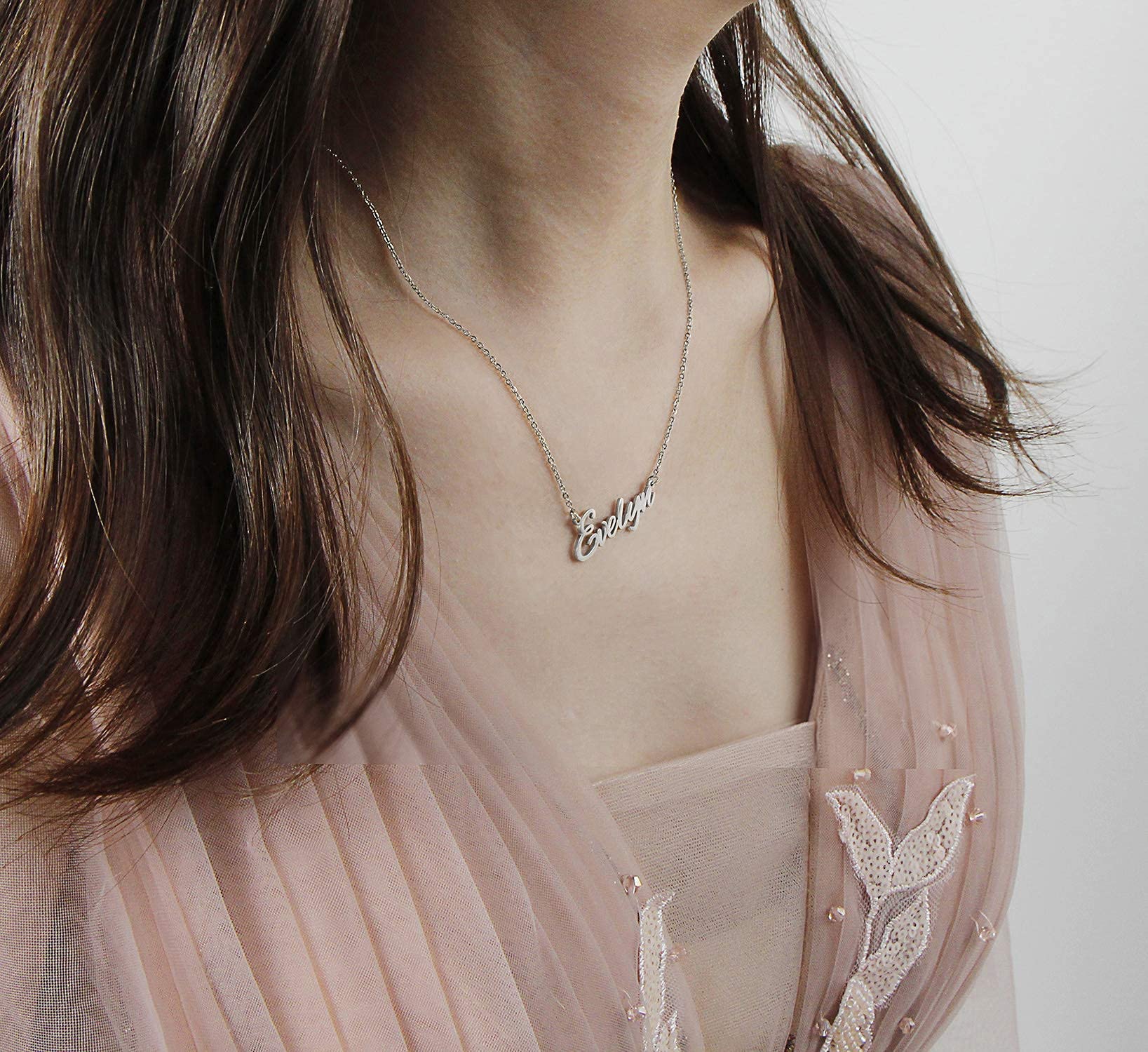 BUREI Name Necklace Personalized Gold Plated friendship Jewelry Women Gift for Her (Evelyn-silver pendant)