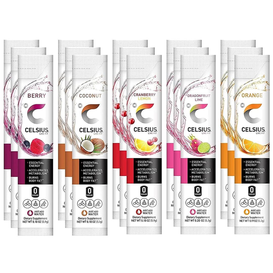 Celsius On-The-Go Powder Sticks Assorted Variety Pack 0.18-0.20 Oz (15 Count)