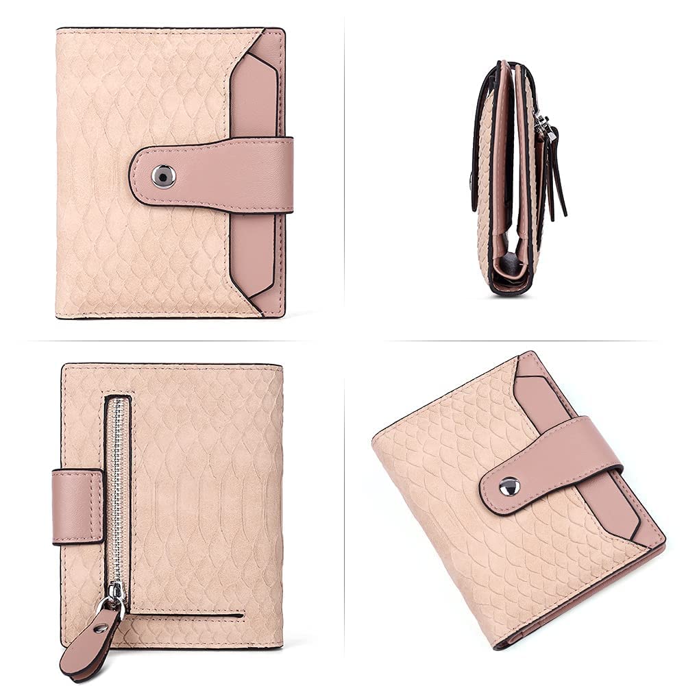 BOSTANTEN Women's Leather Designer Handbags Tote Purses Bundled with RFID Blocking Small Bifold Zipper Pocket Wallet Card Case Purse with ID Window Serpentine-Pink