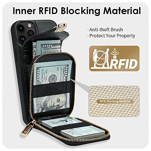 JLFCH ROMIELA Series iPhone 14 Pro Wallet Case, Crossbody Chain Strap Case Zipper Leather Purse RFID Blocking with Card Holder Lanyard Women Protective for Apple iPhone 14 Pro, 6.1 inch - Black