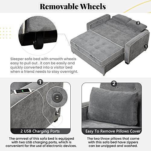 ERYE 3 in 1 Oversized Convertible Sleeper Sofabed,Modern Linen Upholstered Tufted Loveseat Sofa&Couch with Pull Out Sleep Couch Bed(Full Size),USB Charging Ports for Home,Apartment,RV Living Room