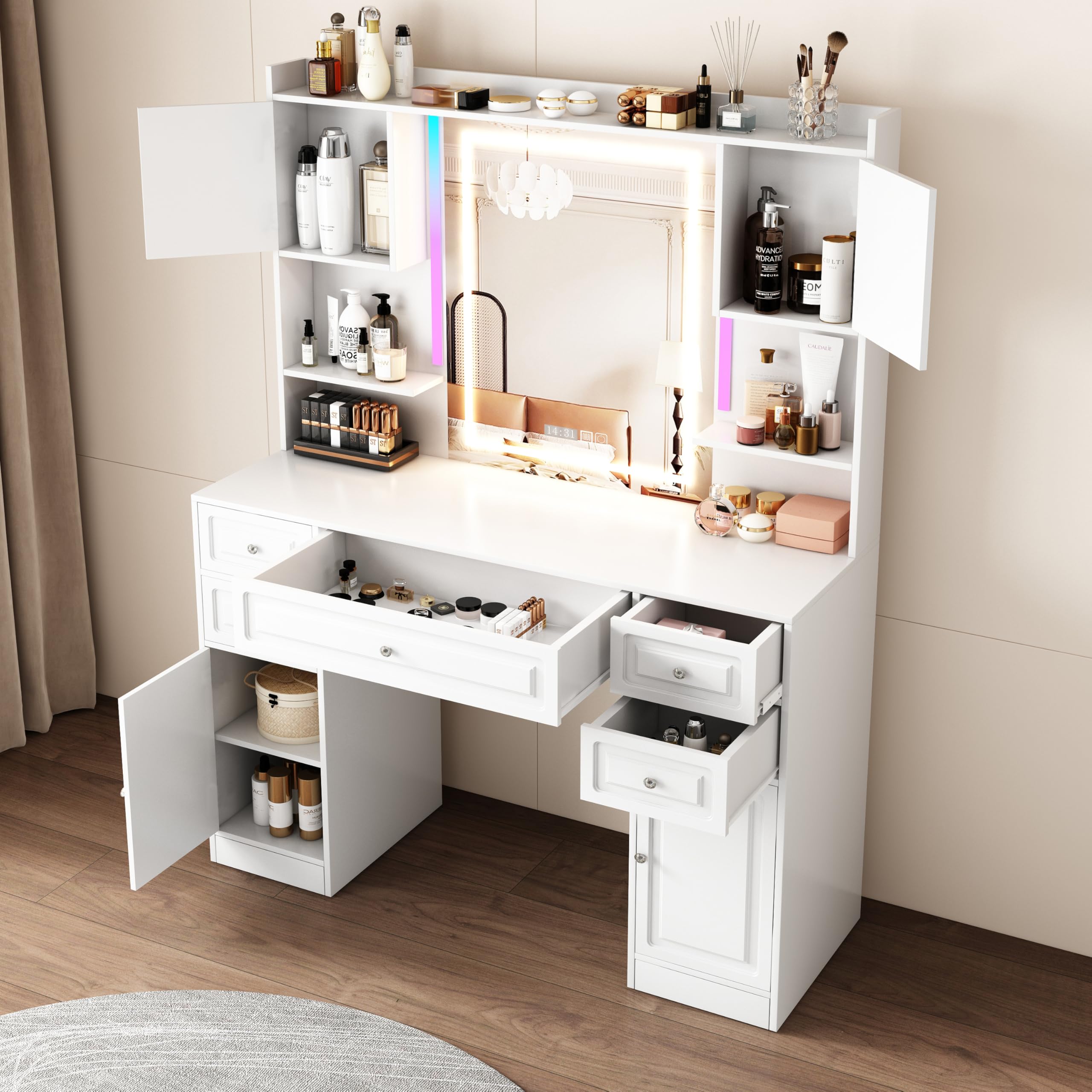 GLAUBIO Makeup Vanity Desk with Lighted Mirror & Cabinets,Makeup Vanity Set with 3 Color Modes, Brightness Adjustable Vanity Table with Drawer,White