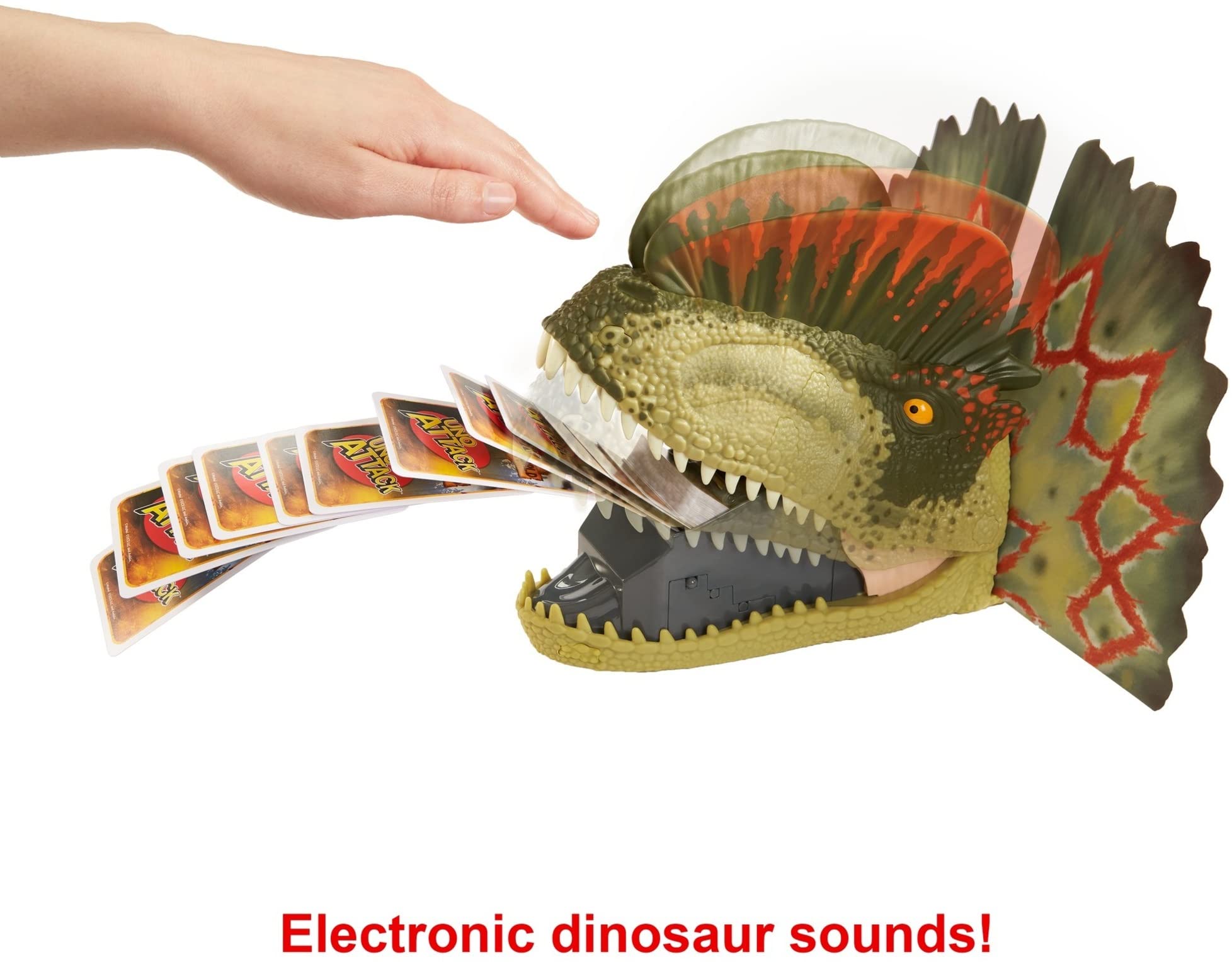 Mattel Games UNO Attack Jurassic World Domination Card Game for Kids & Family Night with Dinosaur Card Launcher, Lights & Sounds