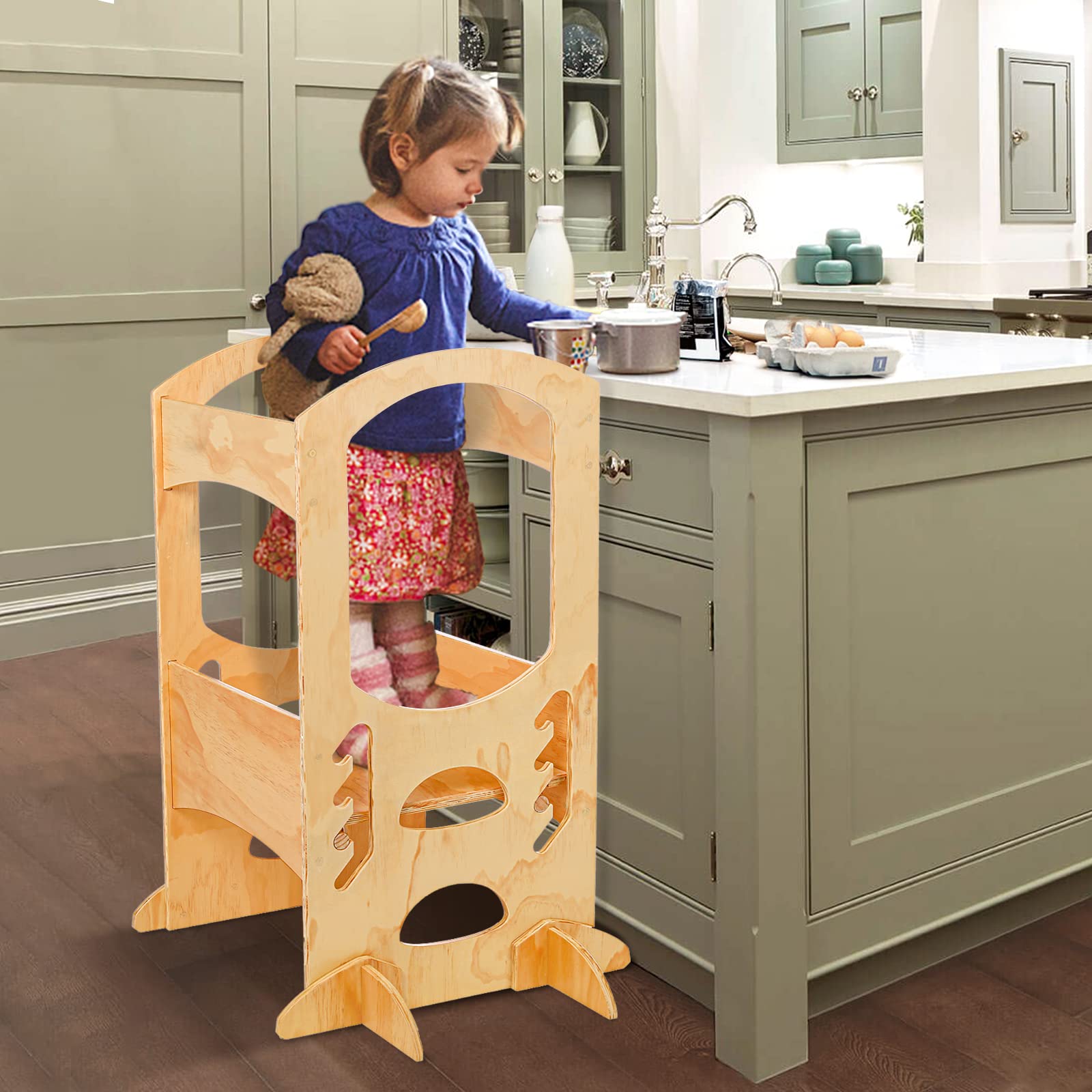 COMOMY Toddler Tower, Kids Step Stool with 4 Adjustable Heights, Safety Latch and Non-Slip Pad, Wooden Children Step Stool Kitchen Helper for Counter & Bathroom Sink