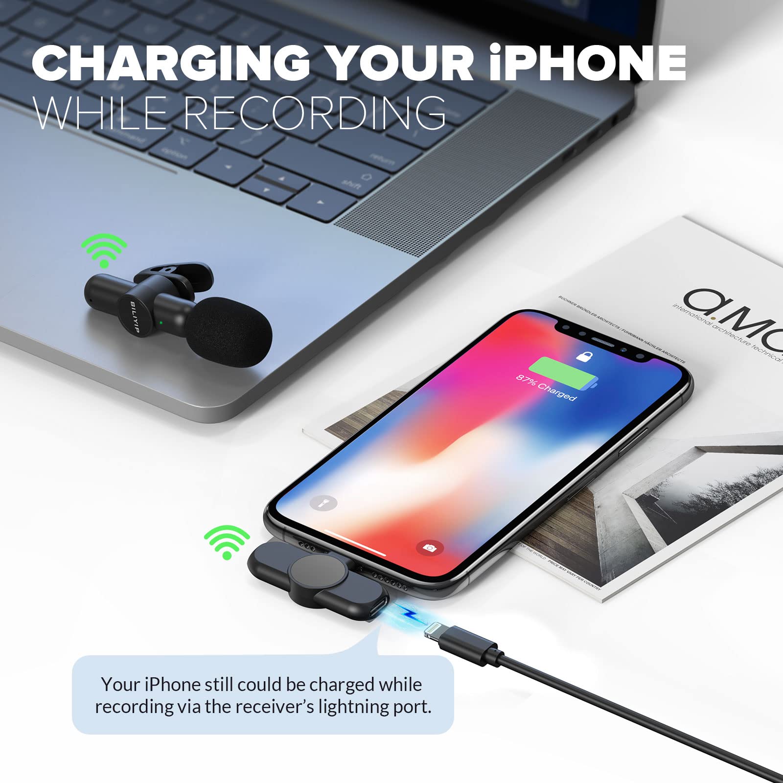BILIYIP Wireless Lavalier Microphone for iPhone/iPad, Plug-Play Auto-Sync Omni Condenser Mic, 3-Levels Noise Reduction, Compatible with YouTube/TikTok, 5-6H Battery Life, 65ft Distance
