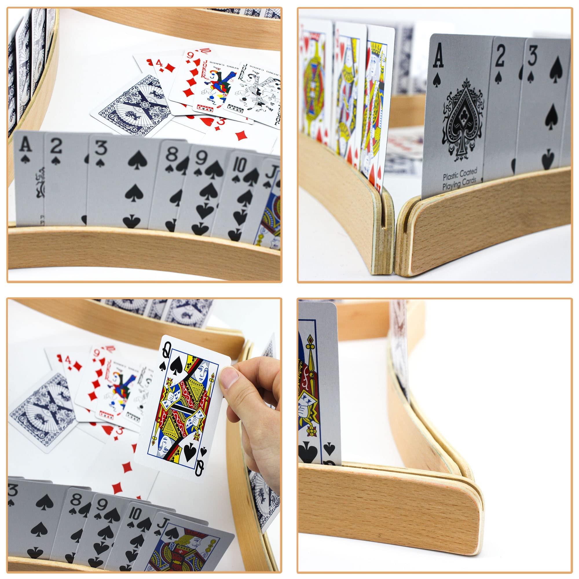 VINJOE Panorama Natural Wooden Curved Playing Card Holders Organizer Tray-Premium Solid Beechwood Playing Card Holders-Card Holder for Kids and Elder-Set of 4