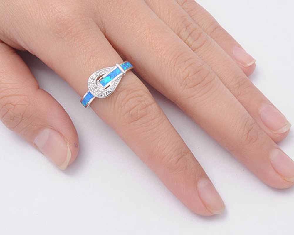 Belt Buckle Design Clear CZ Blue Simulated Opal Ring .925 Sterling Silver Size 6