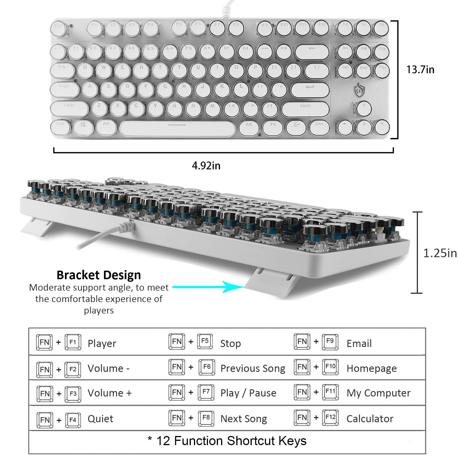 CHUYI Typewriter Style Mechanical Gaming Keyboard with Blue Switch, USB Wired Retro Steampunk Light Up 87 Round Keycaps with RGB LED Rainbow Backlit, for Computer PC Laptop (Black)