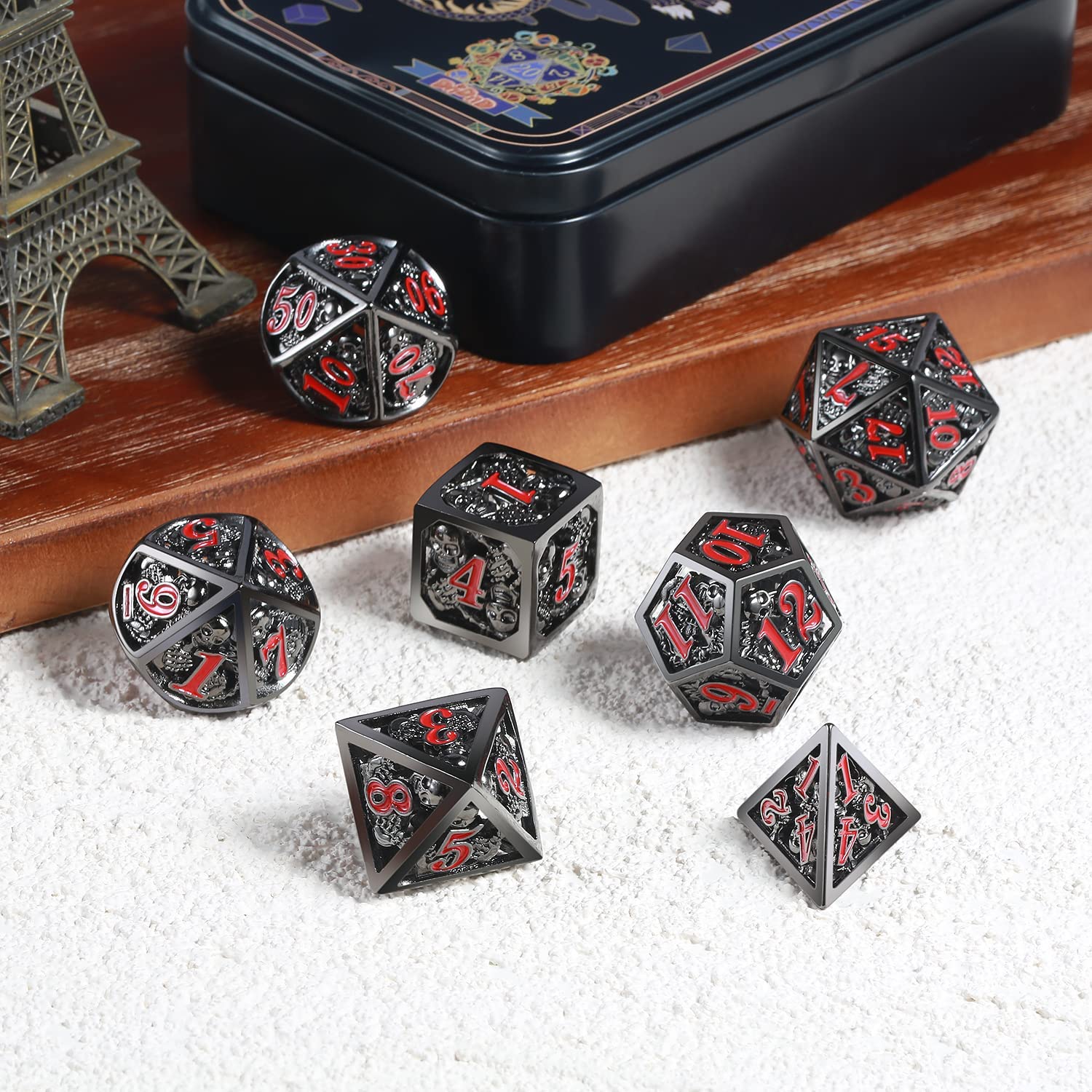 Oversize Skull Hollow DND Metal Dice Set, DNDND 25mm Hollow Copper Die Set with Gift Metal Case for Dungeons and Dragon Halloween (Black with Red Number)