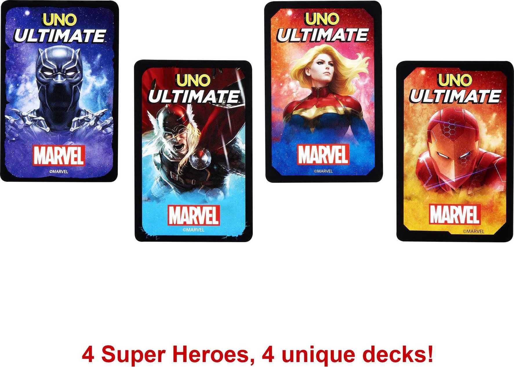 Mattel Games UNO Ultimate Marvel Card Game with 4 Collectible Foil Cards, Character-Themed Decks & Special Rules for Ages 7 Years & Older