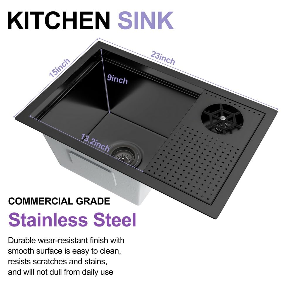 BULUBEE Black Stainless Steel Bar Sink with Glass Rinser, Single Bowl Kitchen Sink, Drop-in or Undermount (23"L x 15"W x 9"D)