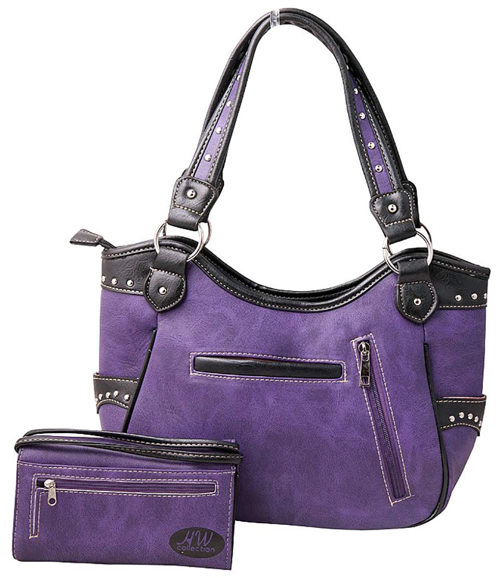 HW Collection Large Elephant Purse Women Embroidered Western Handbag and Wallet Set (Purple)