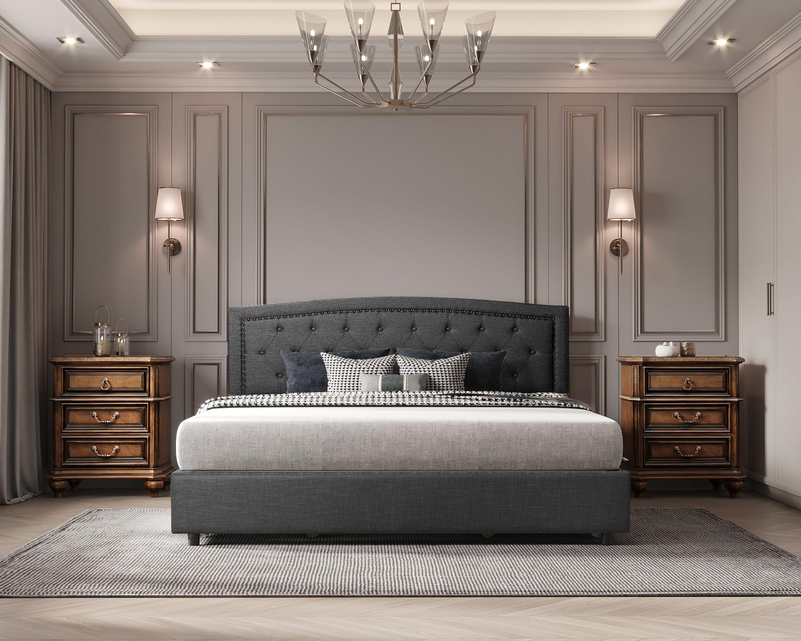 BONSOIR Queen Size Dark Grey Storage Bed Frame Upholstered Low Profile Traditional Platform with Tufted and Nail Headboard