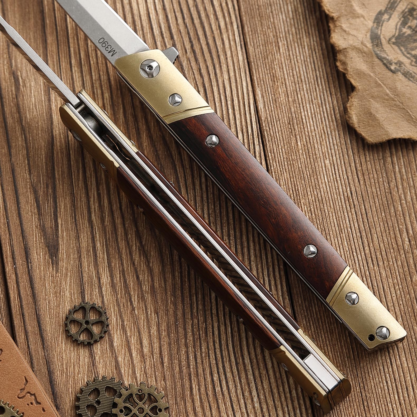 EDC lightweight Folding Pocket Knife,M390 steel gentleman's knife,3.9”Stone washing effect blades,With handmade quality knife sheath,Desert Ironwood Handle,Camping Outdoor Daily Carry folding knife